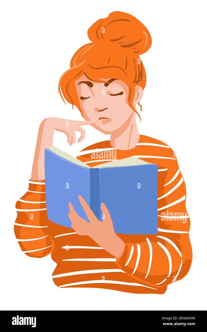 Girl with blue book reading and dreaming. Vector cartoon illustration ...
