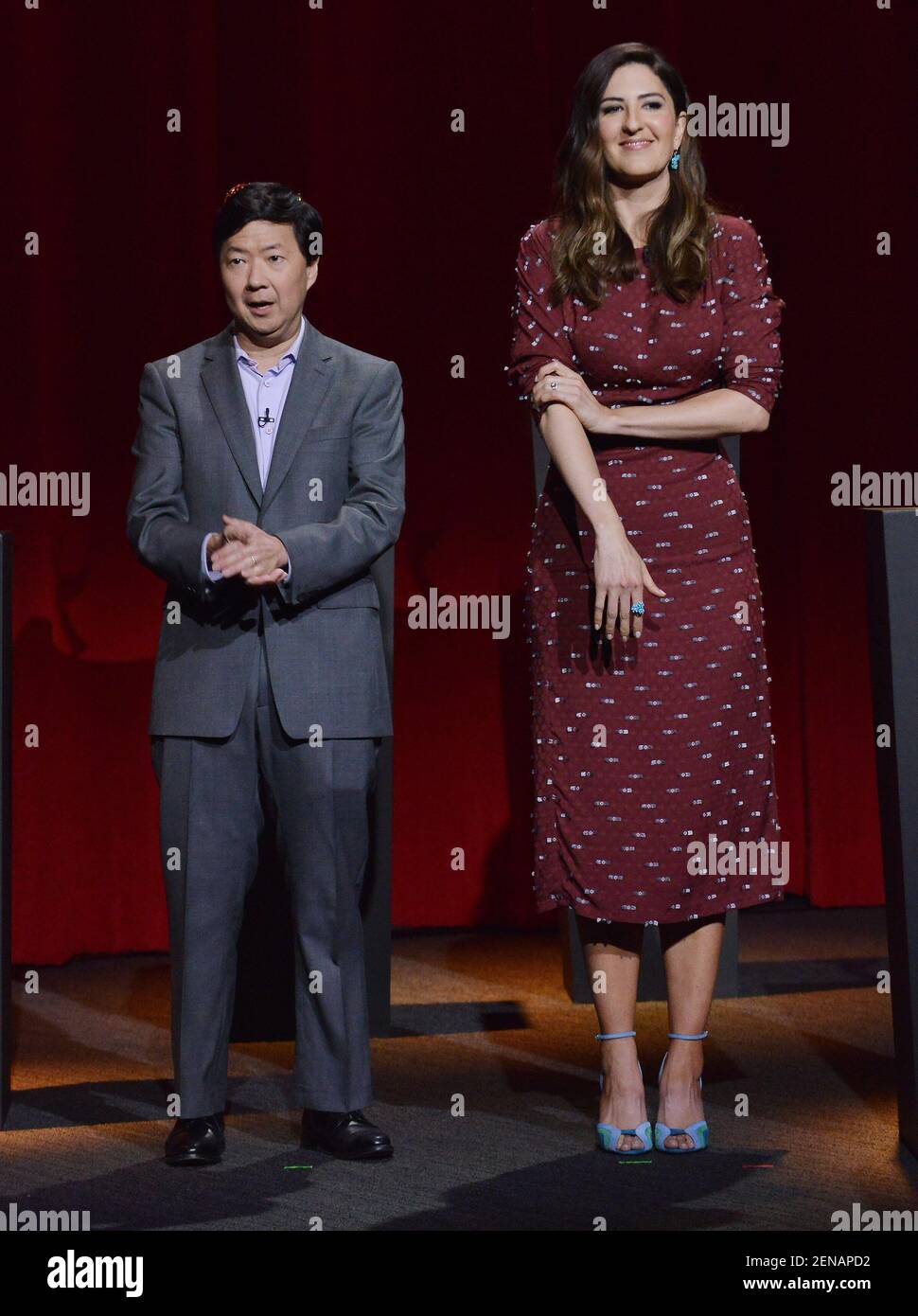 (L-R) Ken Jeong and D'Arcy Carden on stage at the 71st Emmy Awards ...