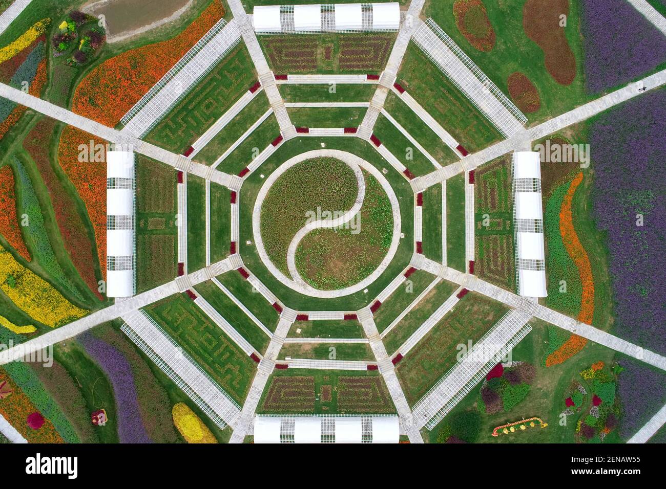 Aerial view of colorful plants featuring the shape of bagua diagram at ...