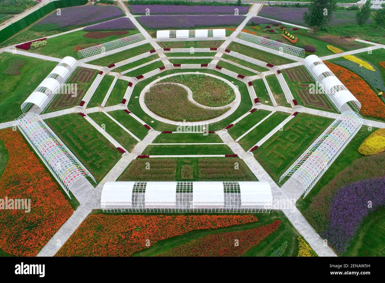 Aerial view of colorful plants featuring the shape of bagua diagram at ...