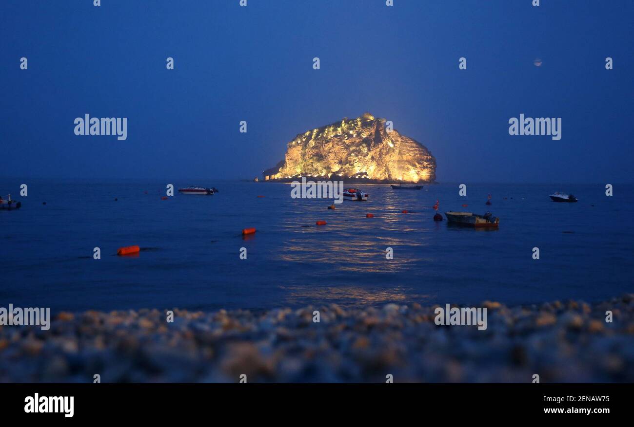 The Bangchui Island is illuminated by lights along the seacoast in ...