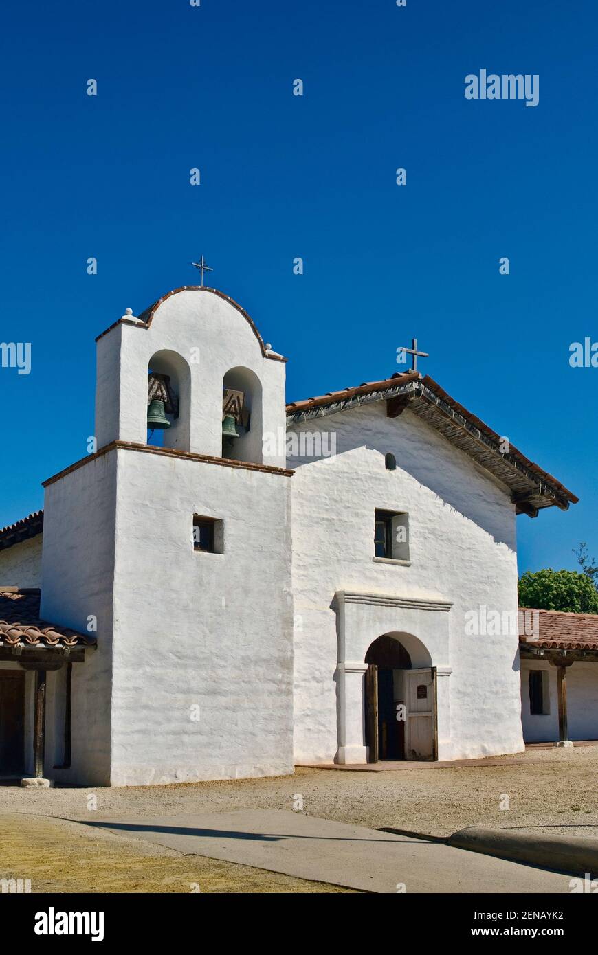 Church, bell tower at El Presidio de Santa Barbara State Historic Park ...