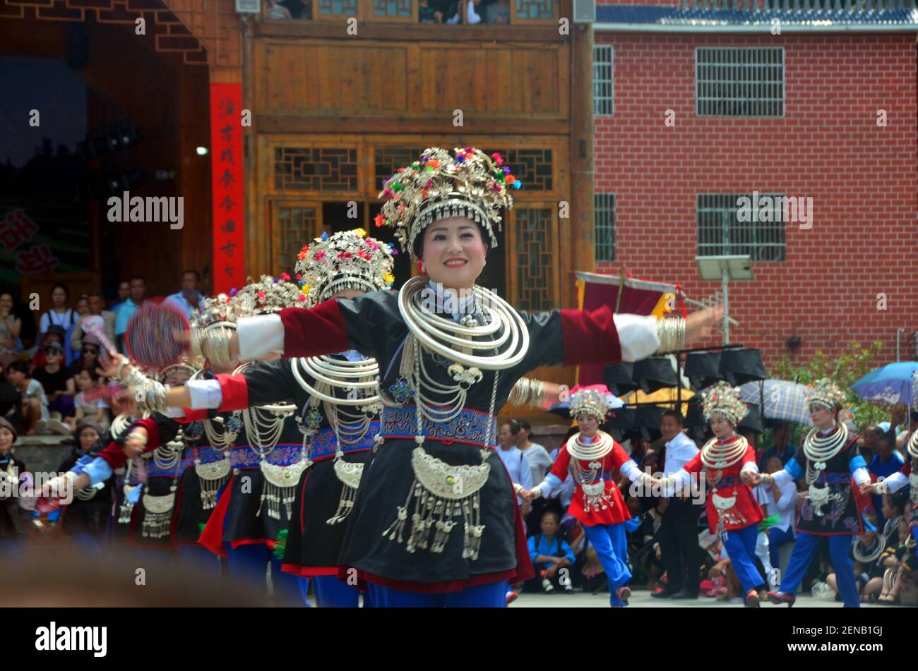 Chinese people of Dong ethnic group dressed in traditional costumes ...