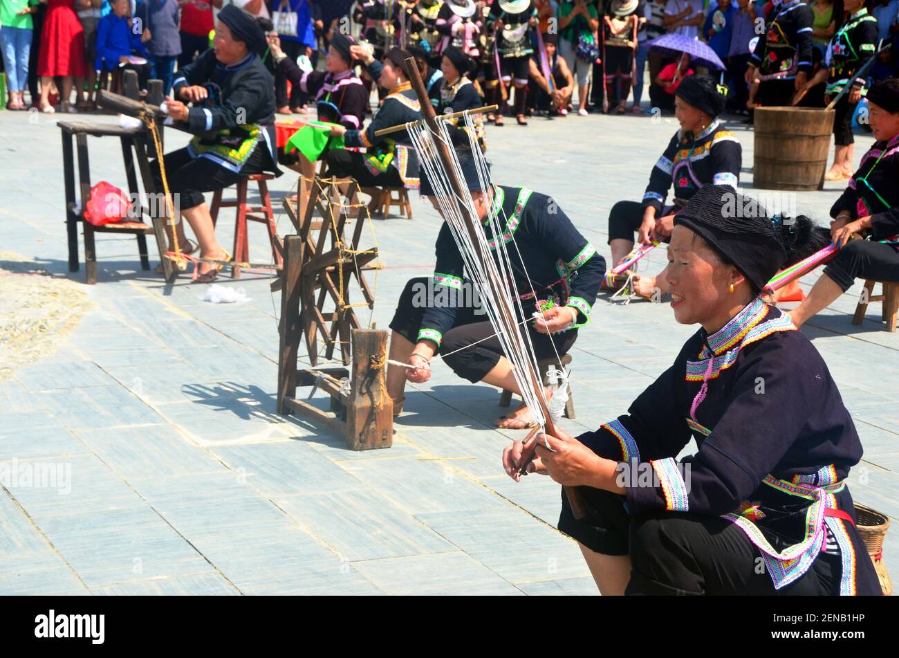 Chinese people of Dong ethnic group dressed in traditional costumes ...
