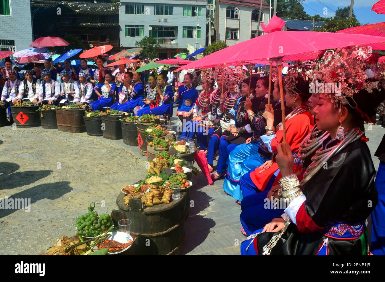 Chinese people of Dong ethnic group dressed in traditional costumes ...