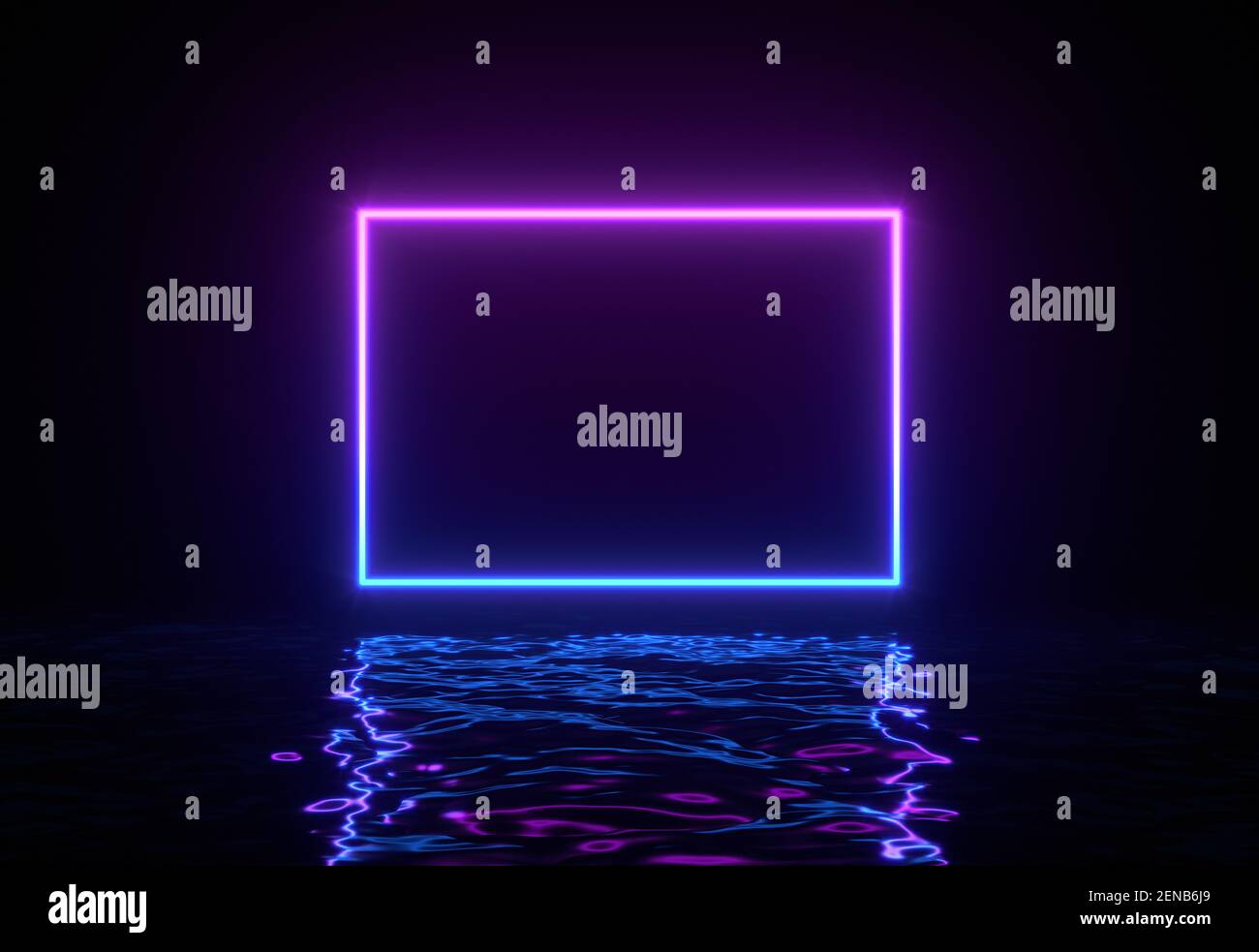 Glowing neon rectangle with reflections in water surface. Abstract ...