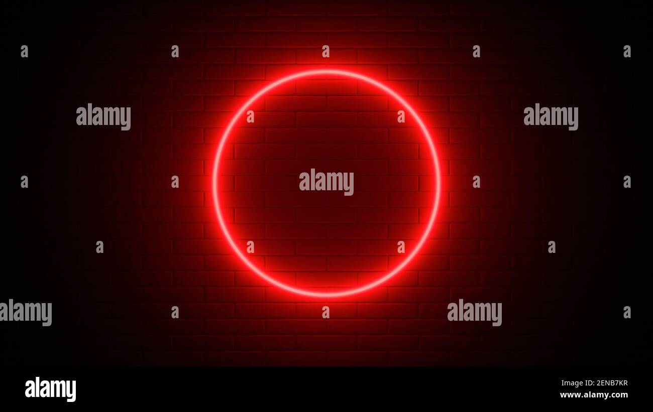 Neon sign on a brick wall. Glowing red circle. Abstract background ...