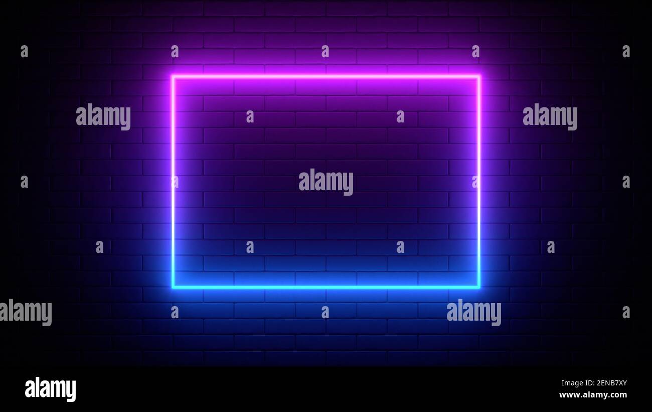 Neon sign on a brick wall. Glowing purple rectangle. Abstract ...