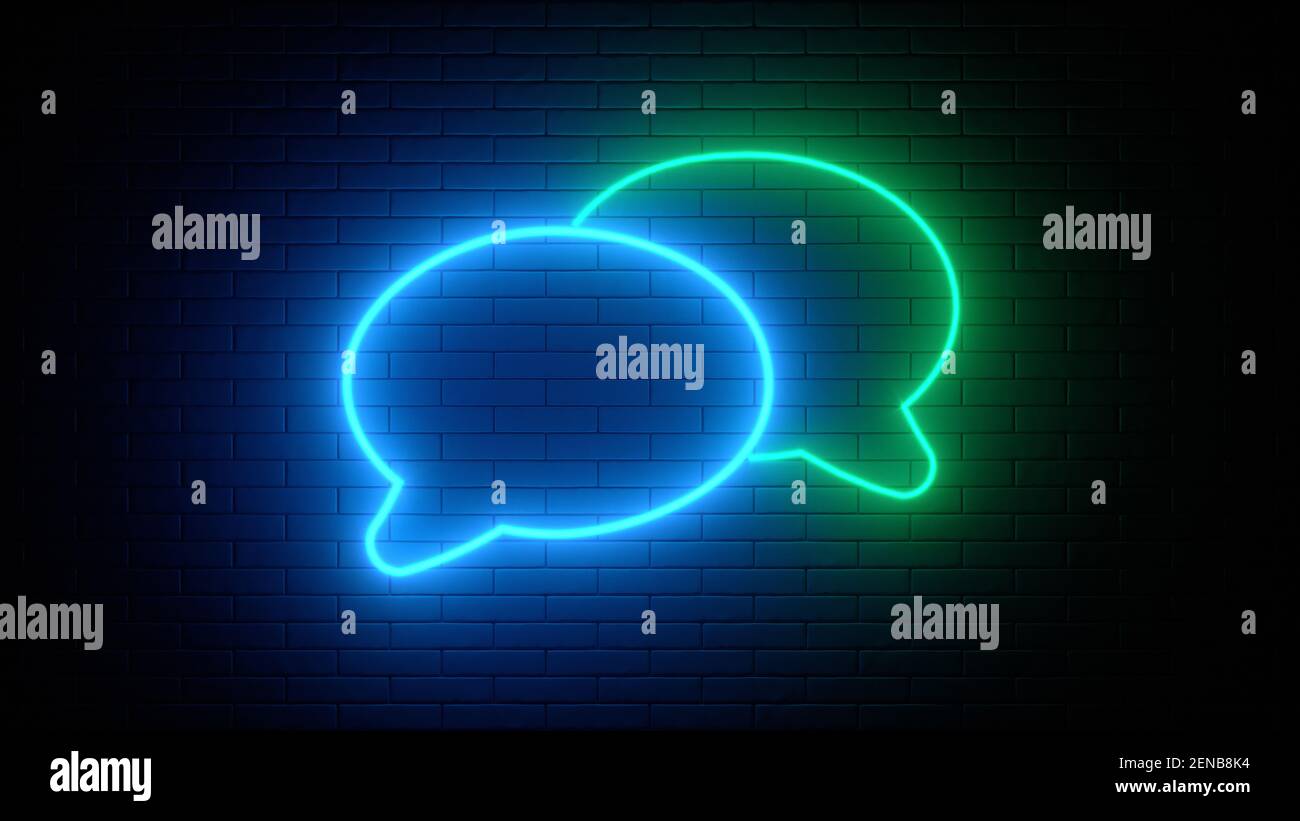 Neon sign on a brick wall. Glowing message chat icon. Abstract ...