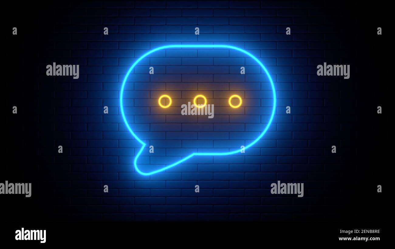 Neon sign on a brick wall. Glowing message chat icon. Abstract ...