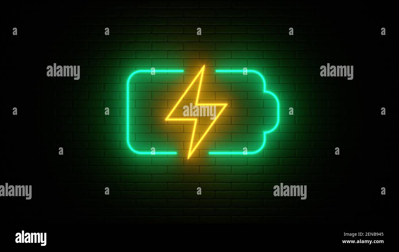 Neon sign on a brick wall. Glowing battery charge icon. Abstract ...