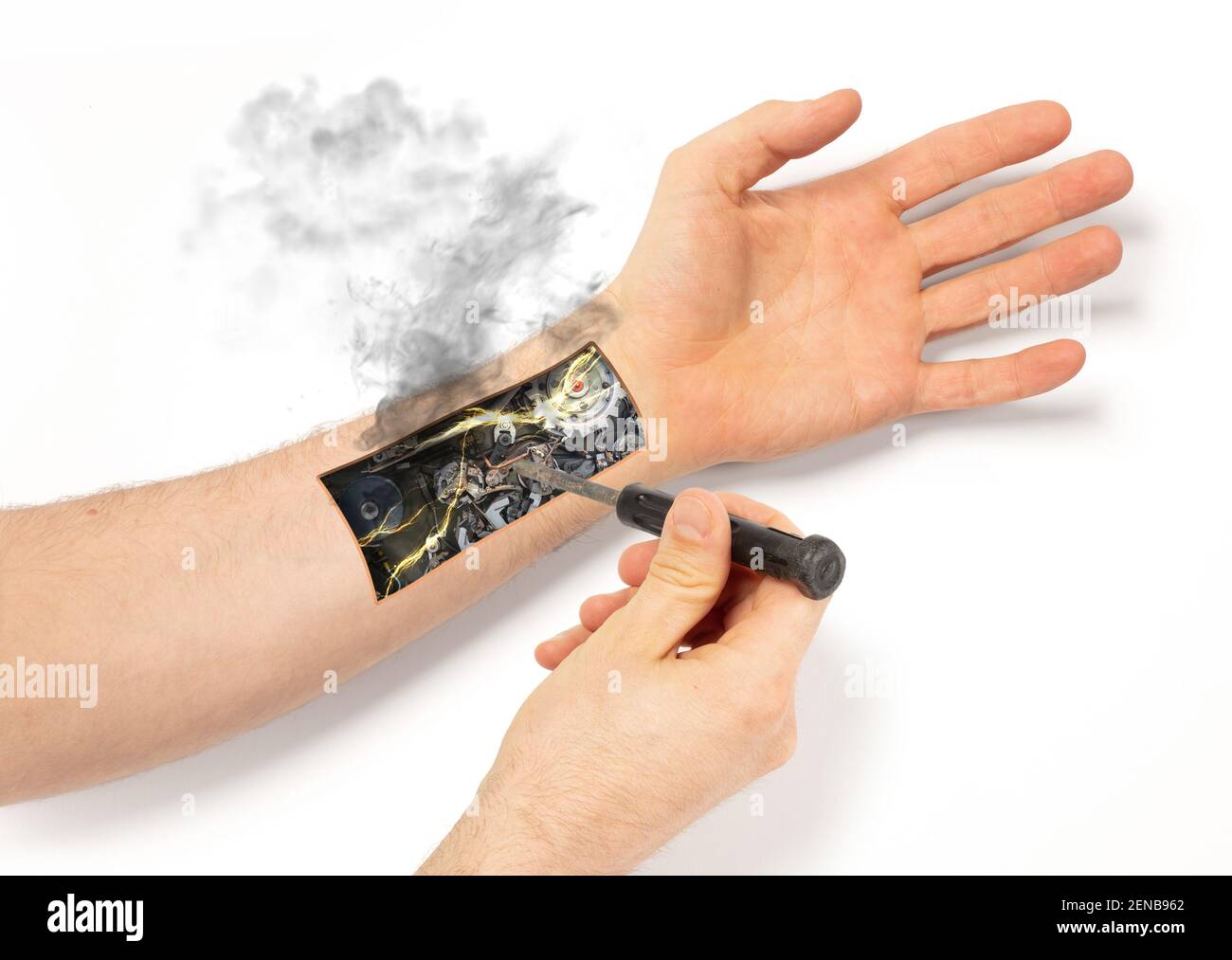 Robot hand inside human hand - Prosthesis concept, repairing, isolated ...