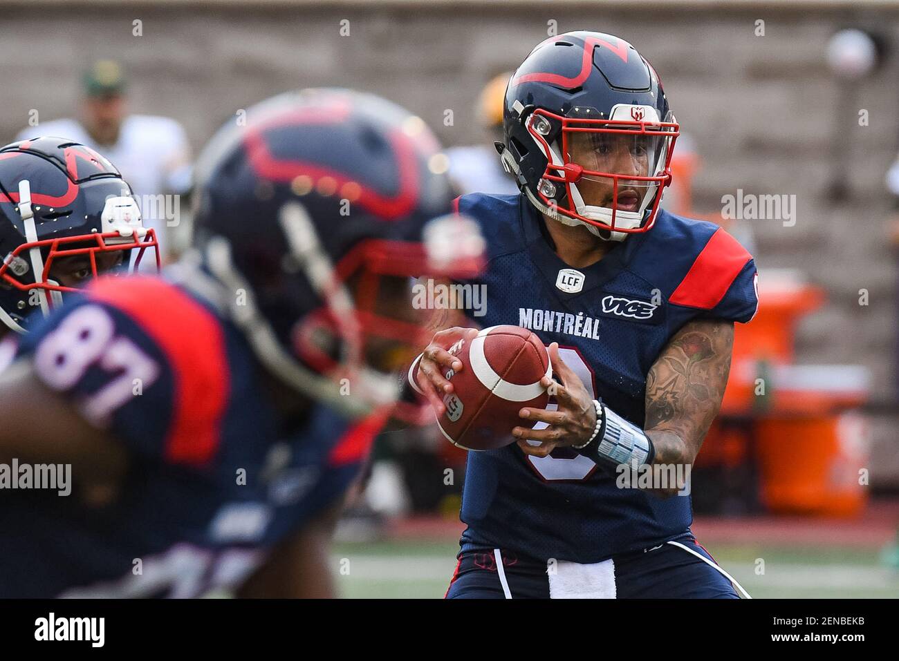 July 20, 2019: Montreal Alouettes Quarterback Vernon Adams Jr. (8) gets ...