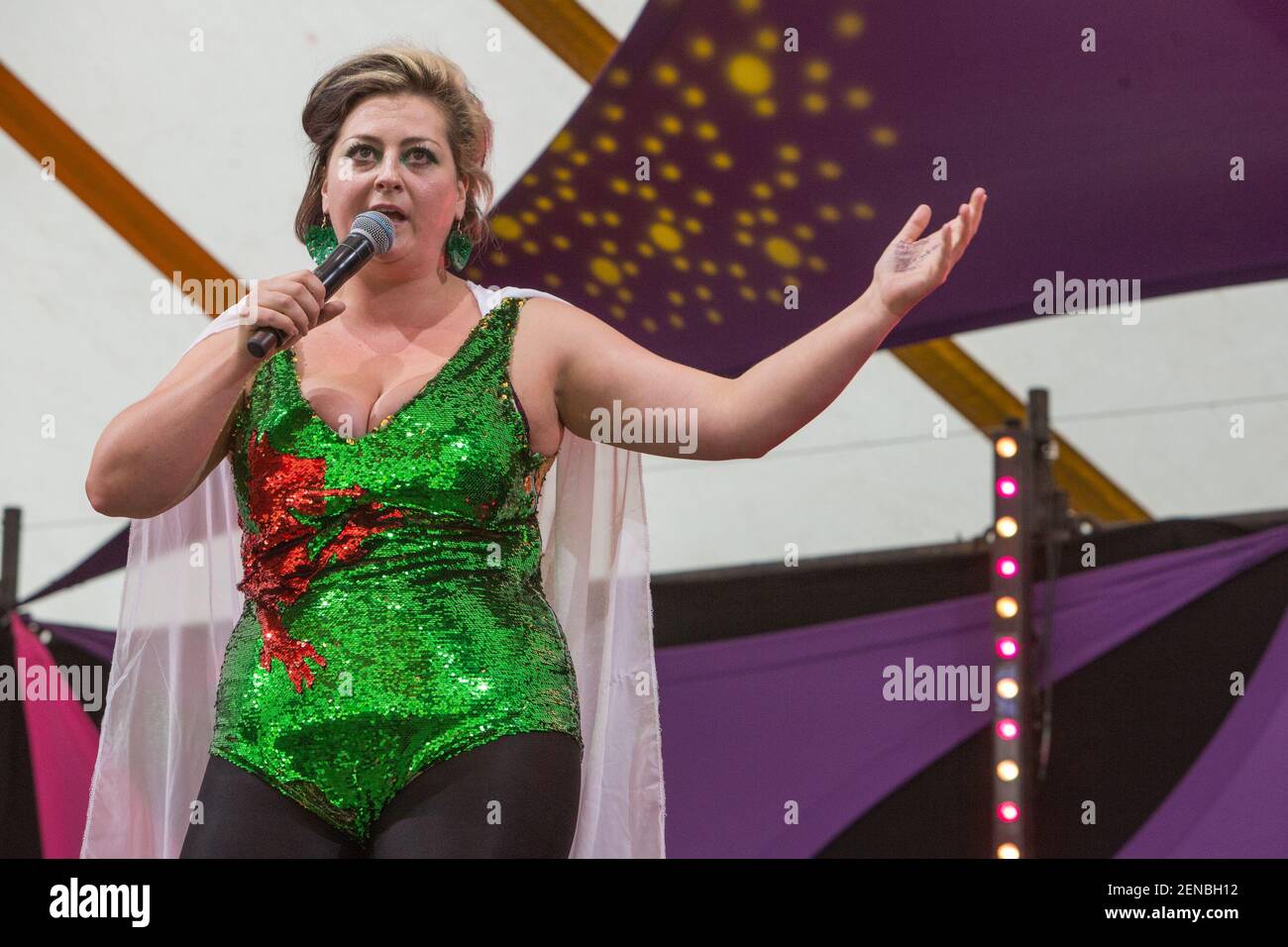 Comedian Kiri Pritchard-McLean performs lives on stage at the Henham ...