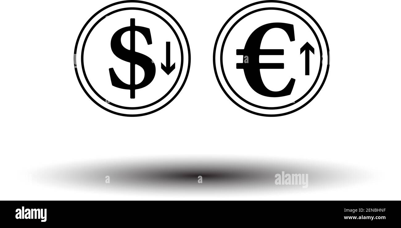 Falling Dollar And Growth Up Euro Coins Icon. Black on White Background ...