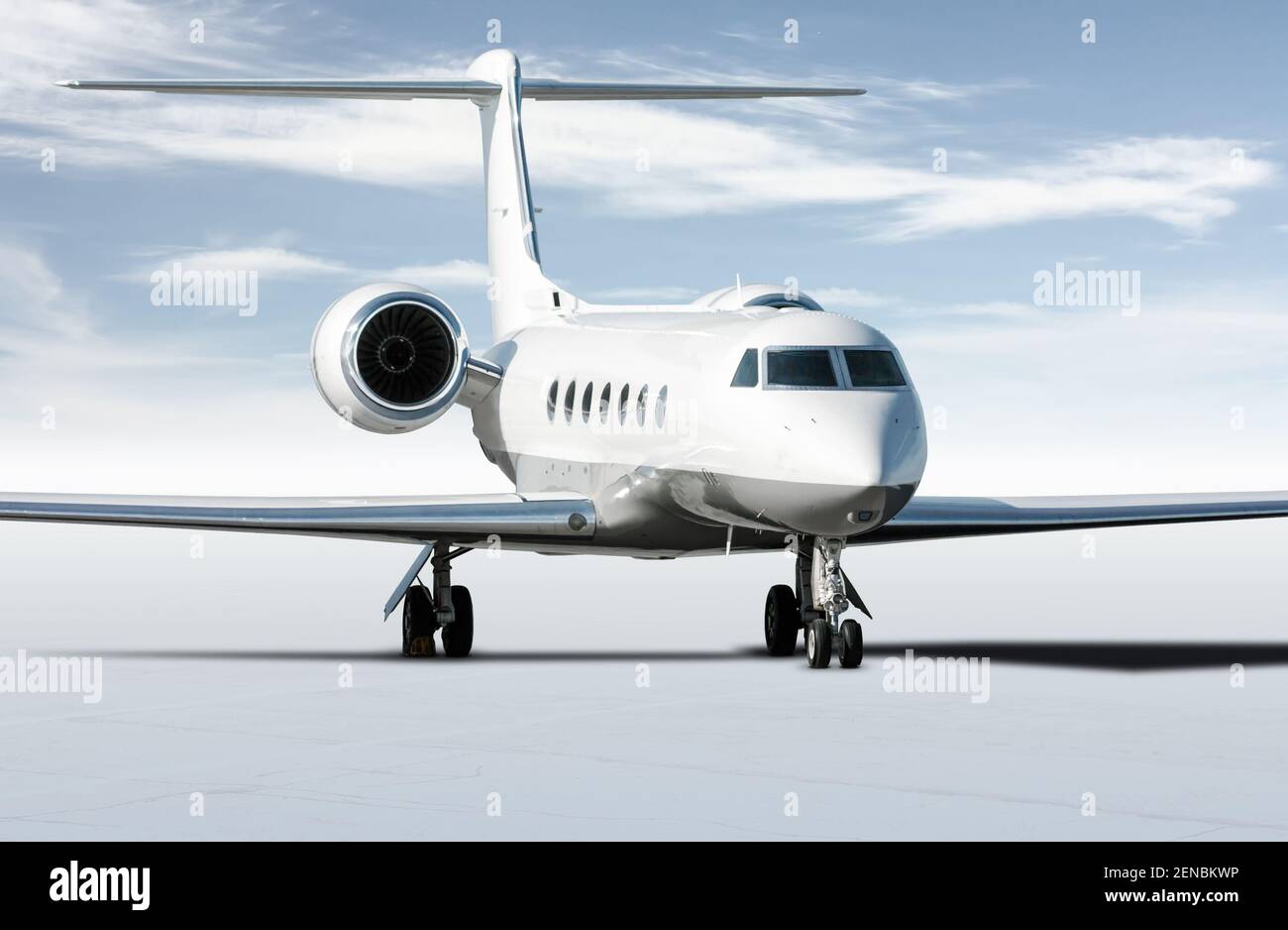 Modern white corporate business jet isolated on light background with ...