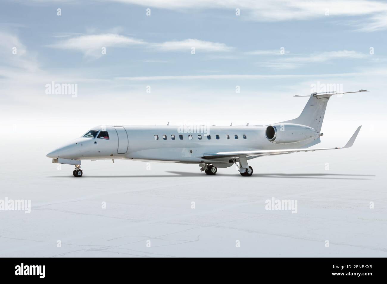 Modern white corporate business jet isolated on light background with ...