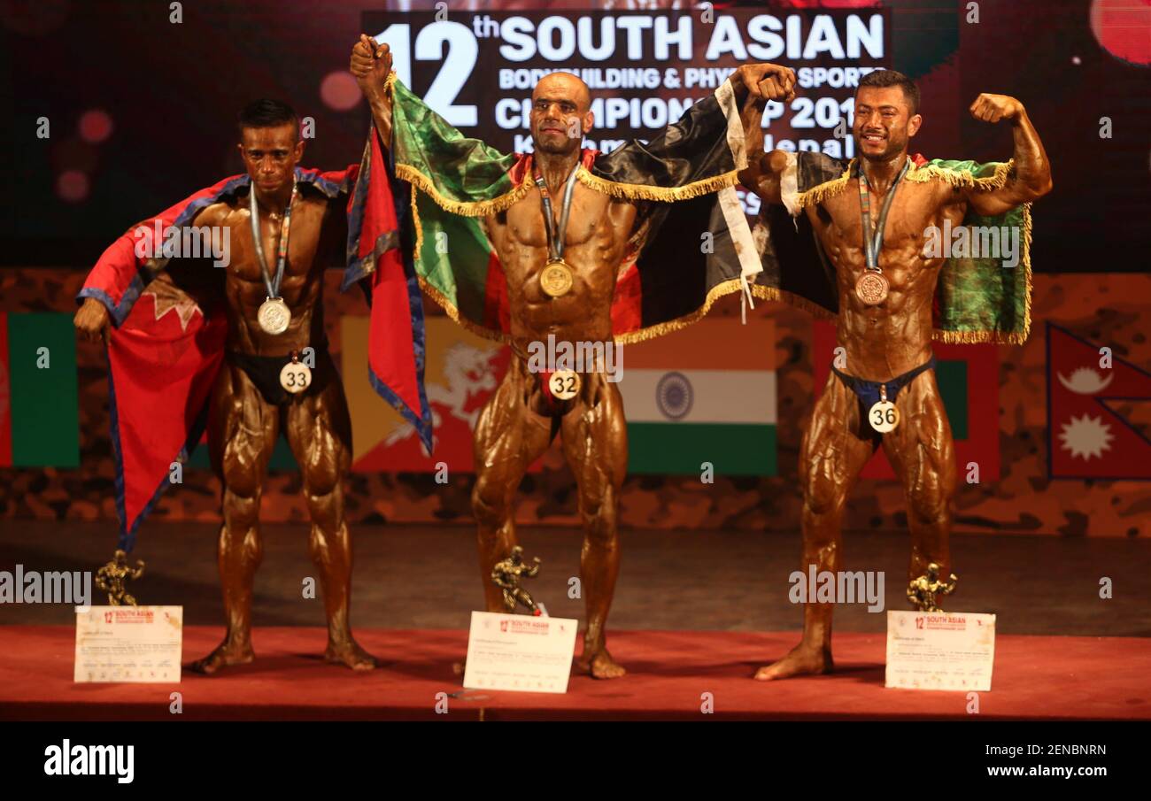 Winners pose during the 12th South Asian Bodybuilding Championship 2019 ...