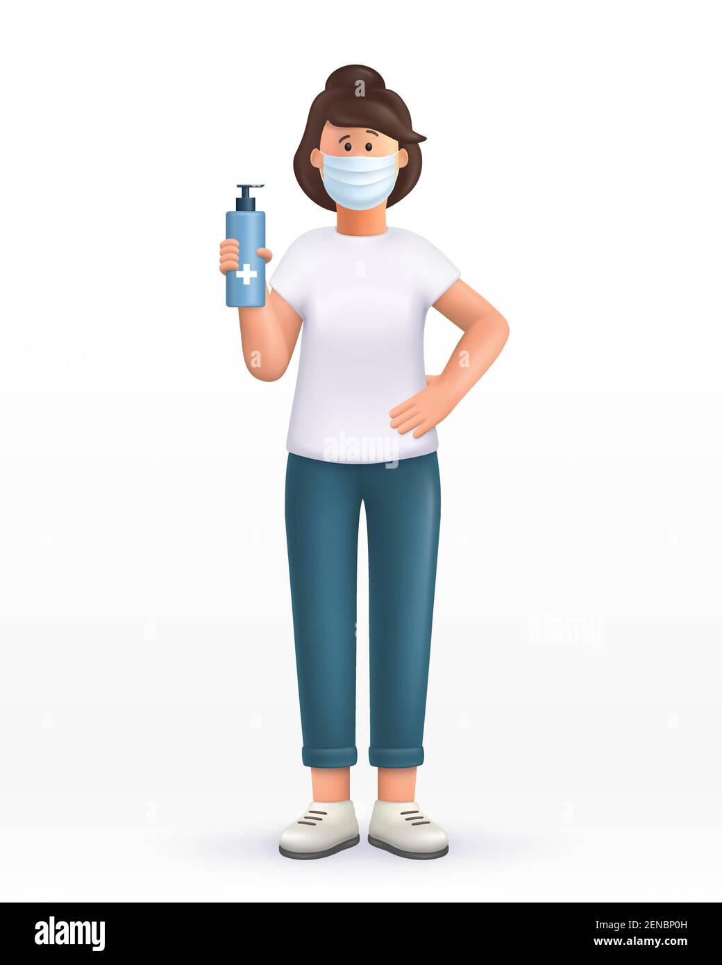 3D cartoon character. Young woman wearing mask ,using and showing ...