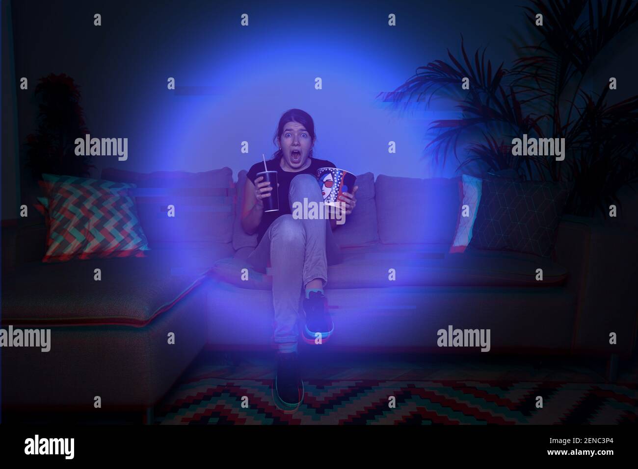 Woman watching movie using augmented reality technology. Concept of ...