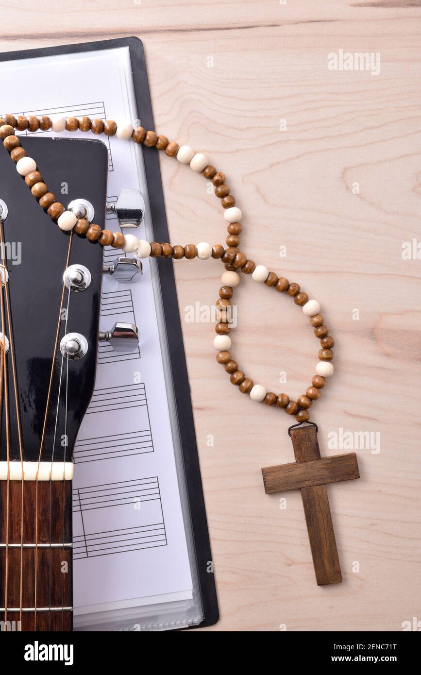 Vertical background detail of religious music with guitar top Stock ...