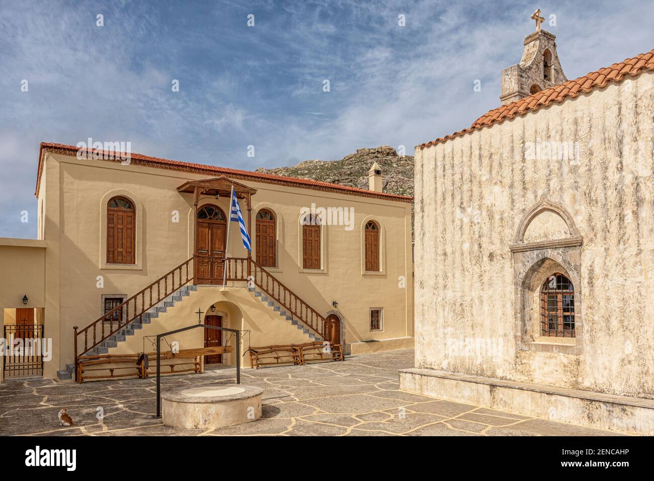 View of Preveli monastery courtyard with the church of Saint John in ...