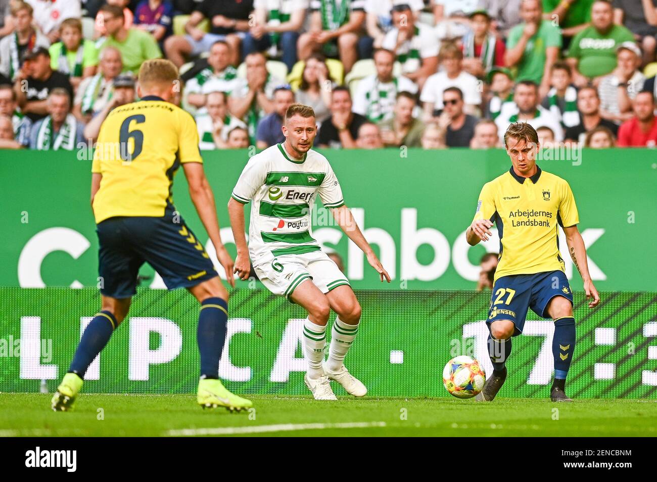 Jaroslaw Kubicki from Lechia Gdansk (L) and Simon Hedlund from Brondby ...