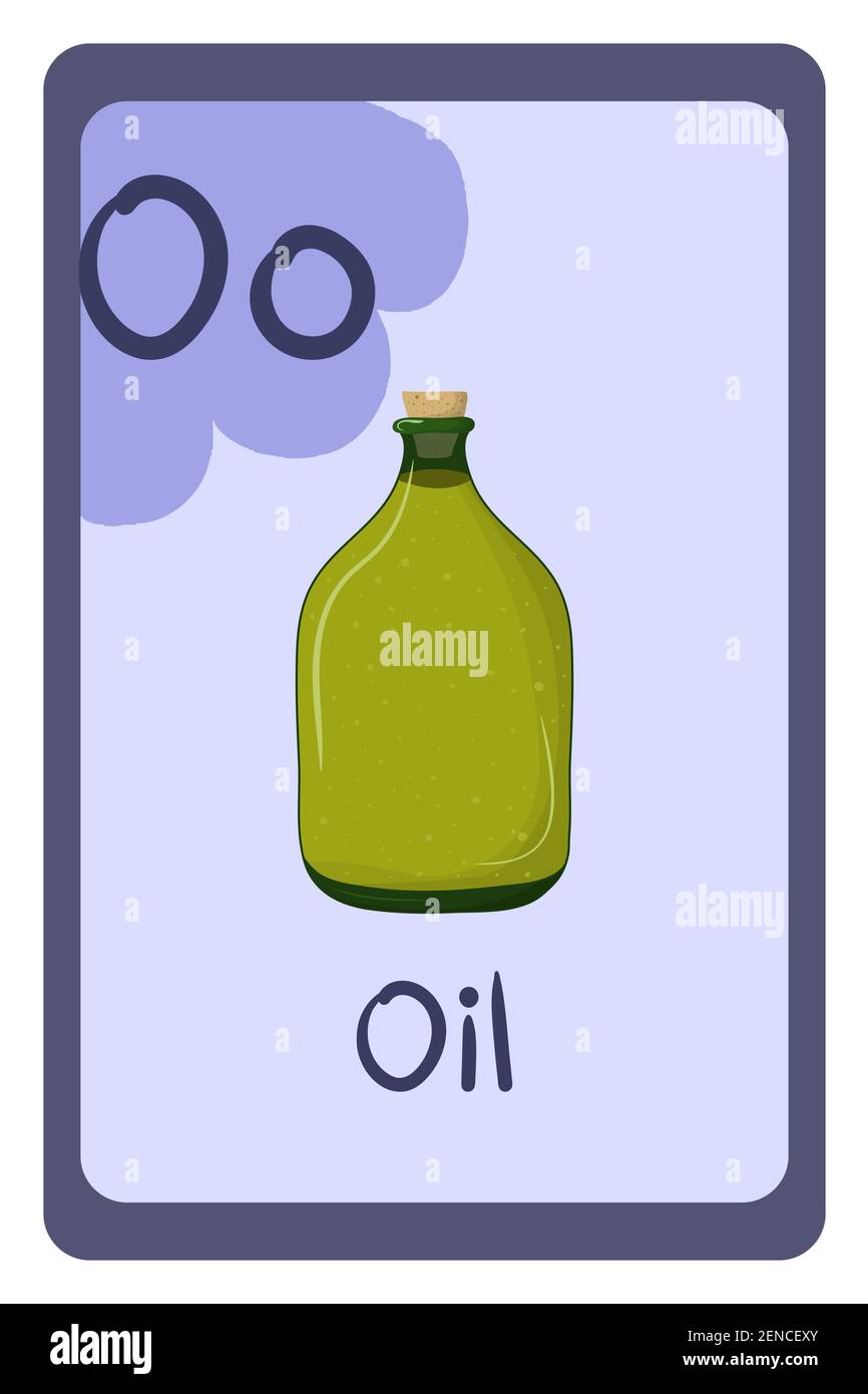 Colorful abc education flash card, Letter O - olive oil in green glass ...