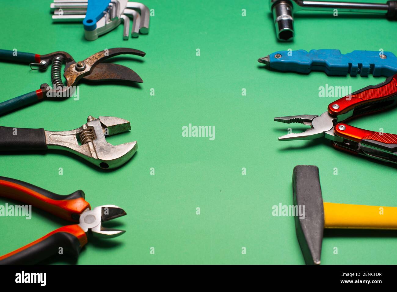 Photo set of different tools for engineering and repairing concept ...