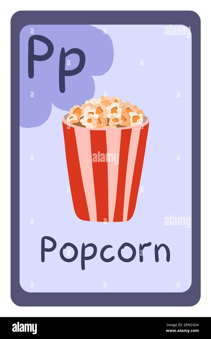 Colorful abc education flash card, Letter P - popcorn in bucket ...