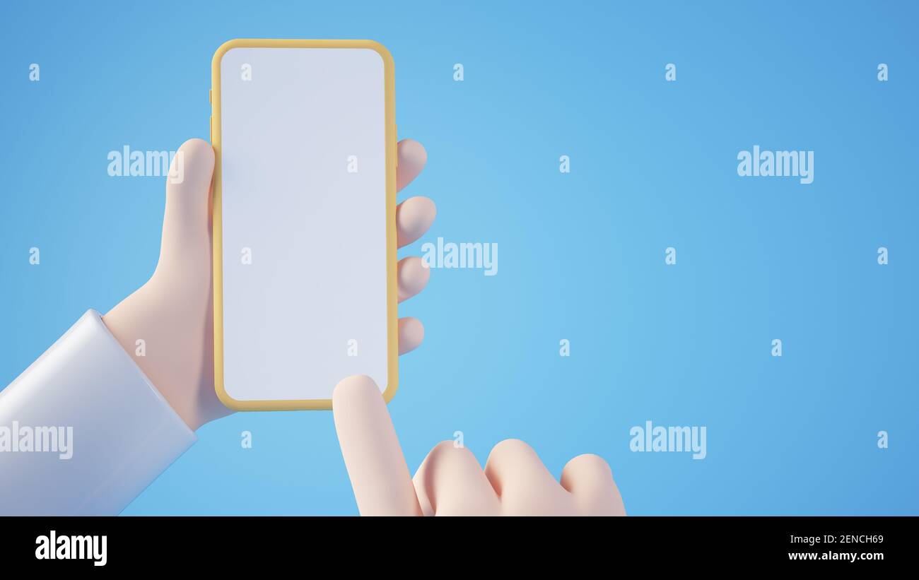 Cartoon hands holding mobile phone 3d rendering Stock Photo - Alamy