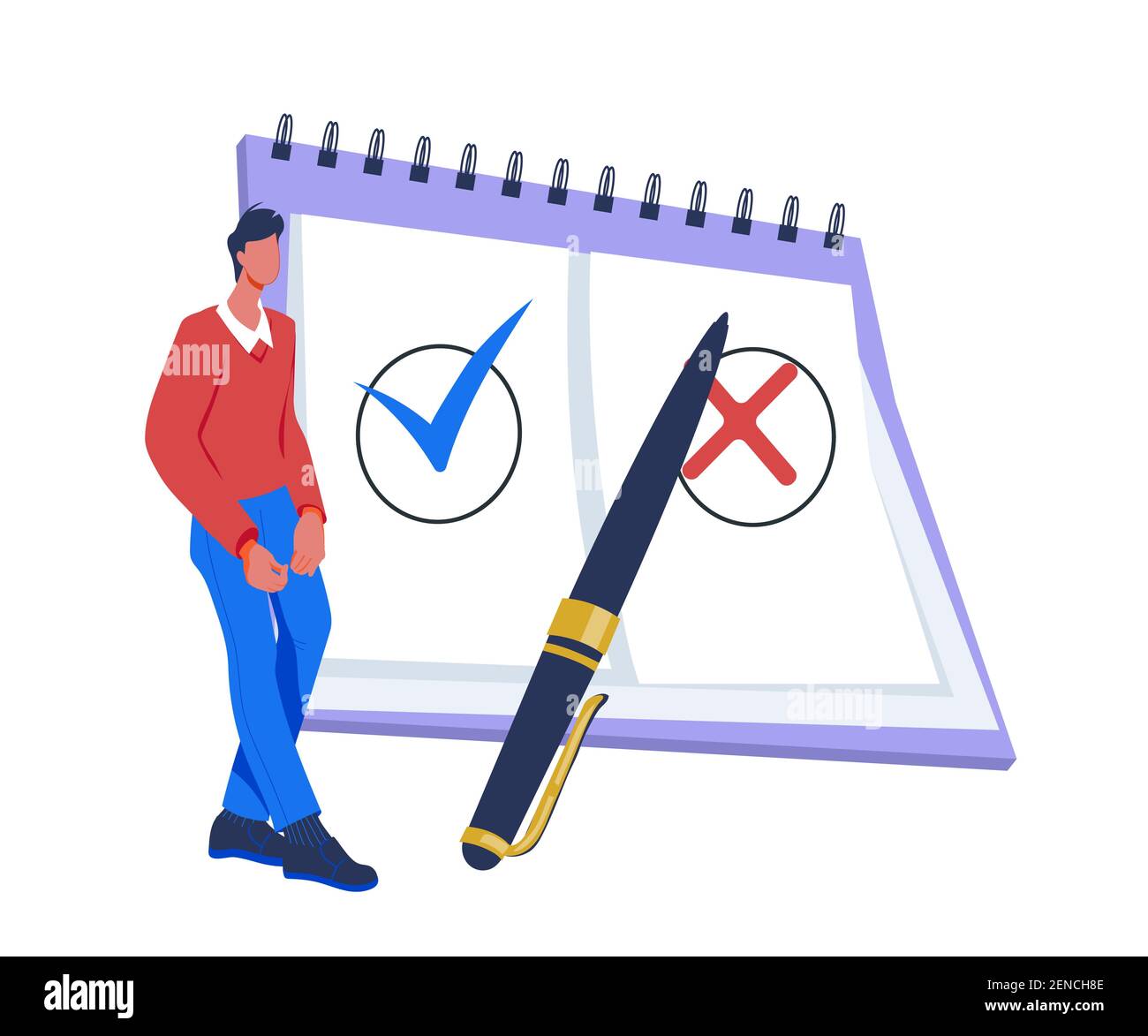 Questionnaire and survey concept with man next to huge checklist, flat ...