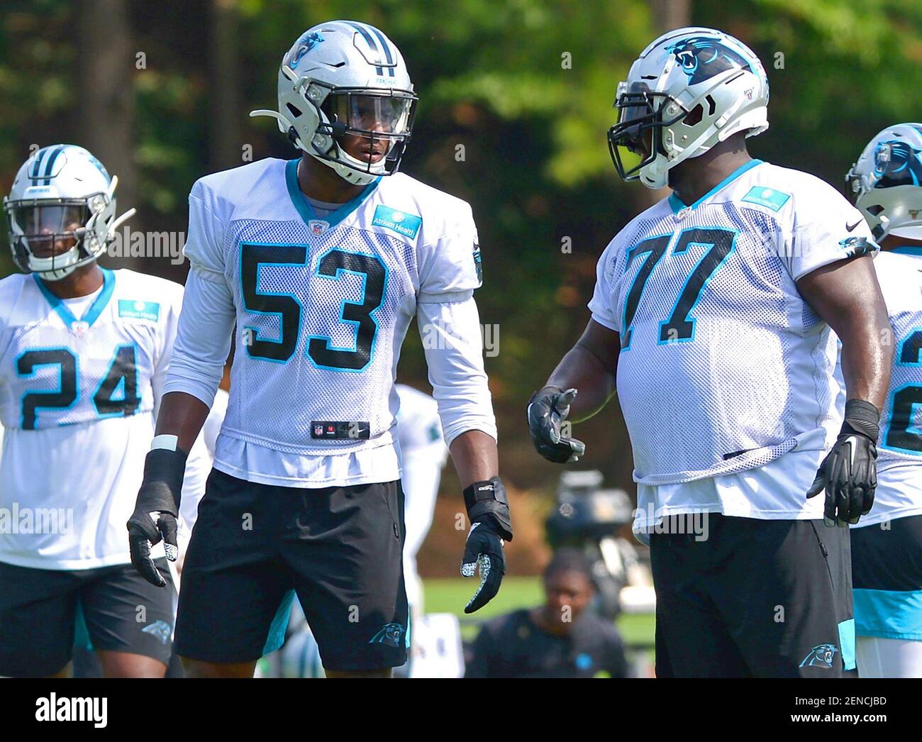 Carolina Panthers linebacker/defensive end Brian Burns (53) receives ...