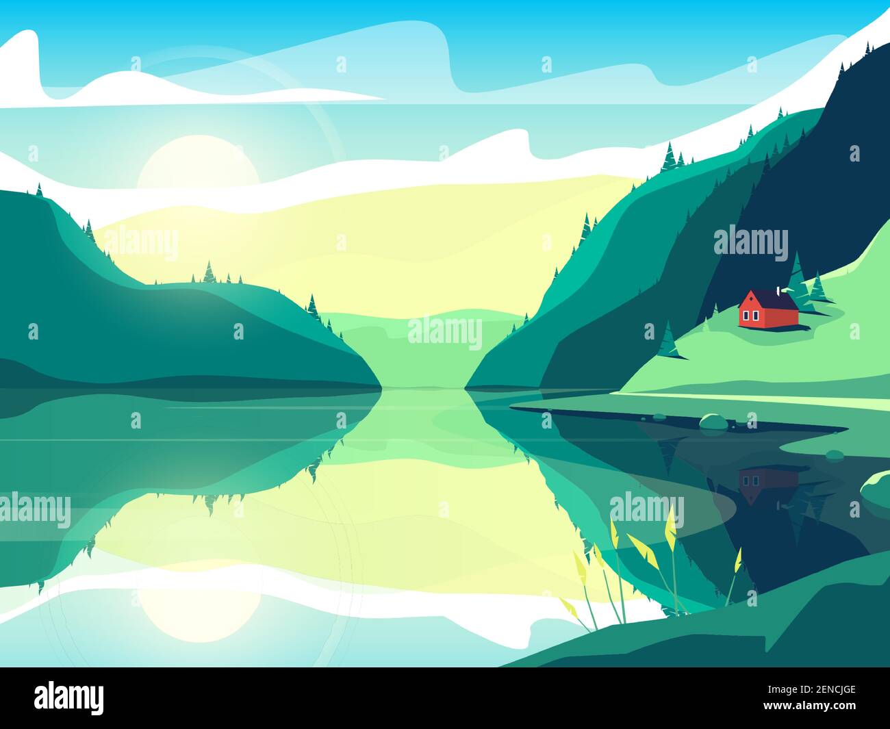 Colorful vector illustration of a scandinavian fjord at sunrise Stock ...