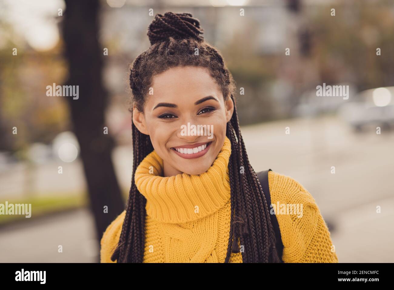 Portrait of young lovely charming pretty cute cheerful dark skin woman ...