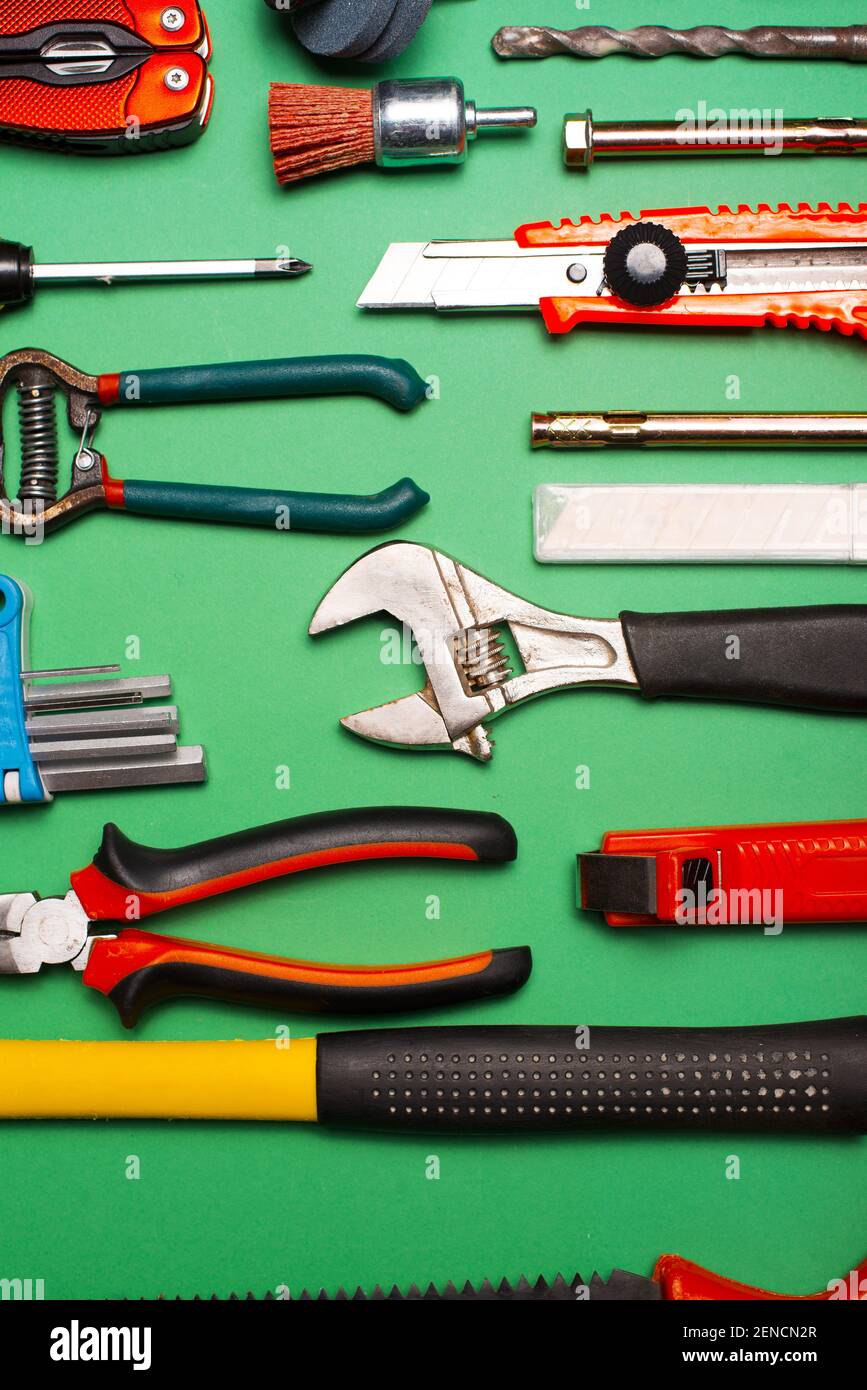 Photo set of different tools for engineering and repairing concept ...