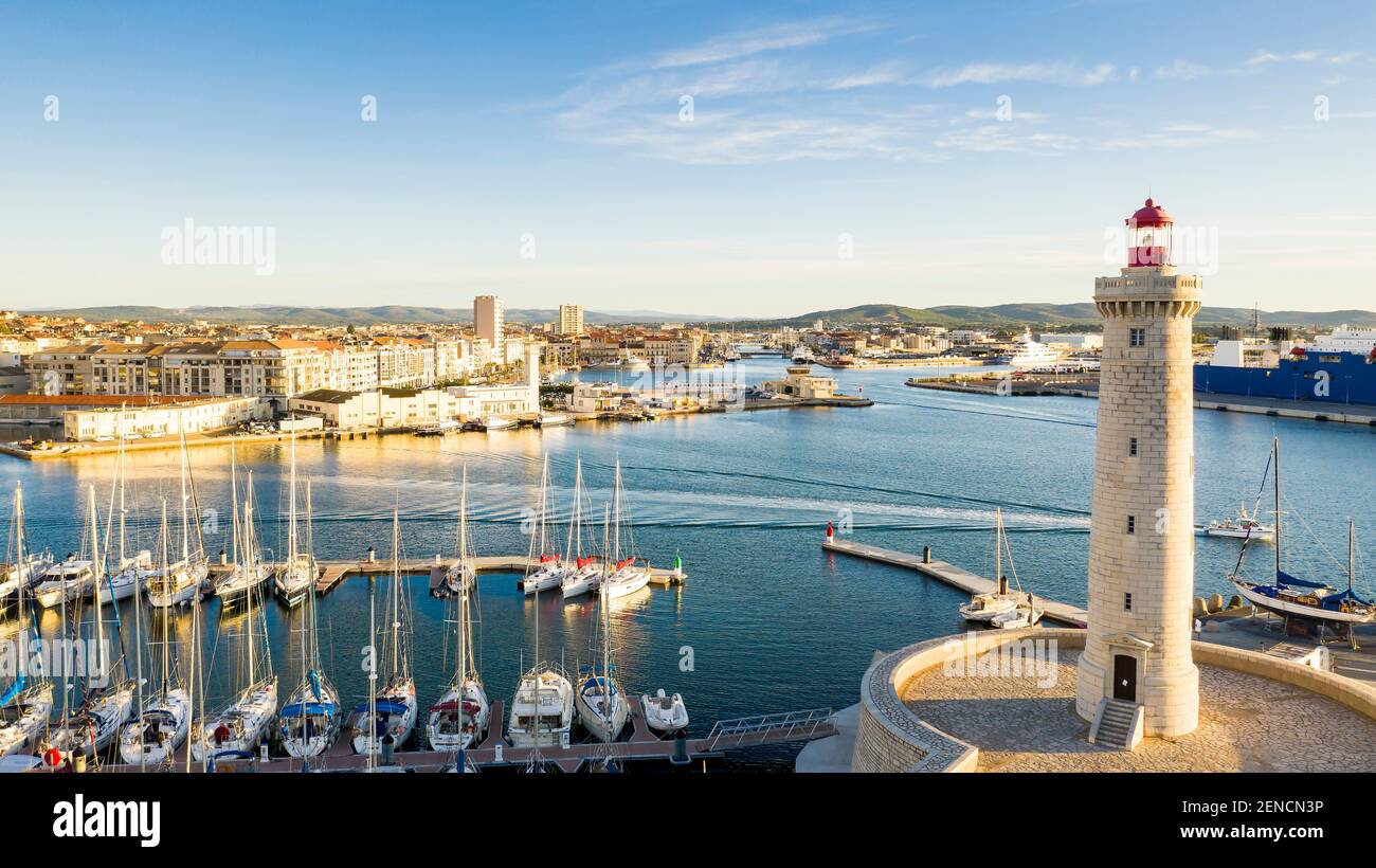 Aerial panorama of the port of Sete and the Saint Louis lighthouse, on ...