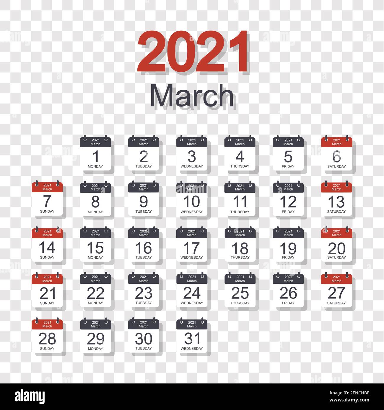 Monthly calendar template for March 2021 with daily date. On ...