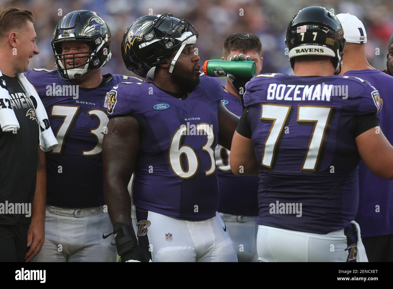 Baltimore Ravens OLB Mike Onuoha (63) participates in a practice at M&T ...