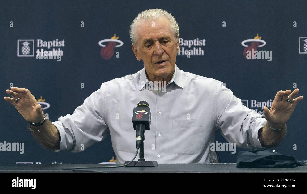 Miami Heat president Pat Riley speaks with members of the media during ...