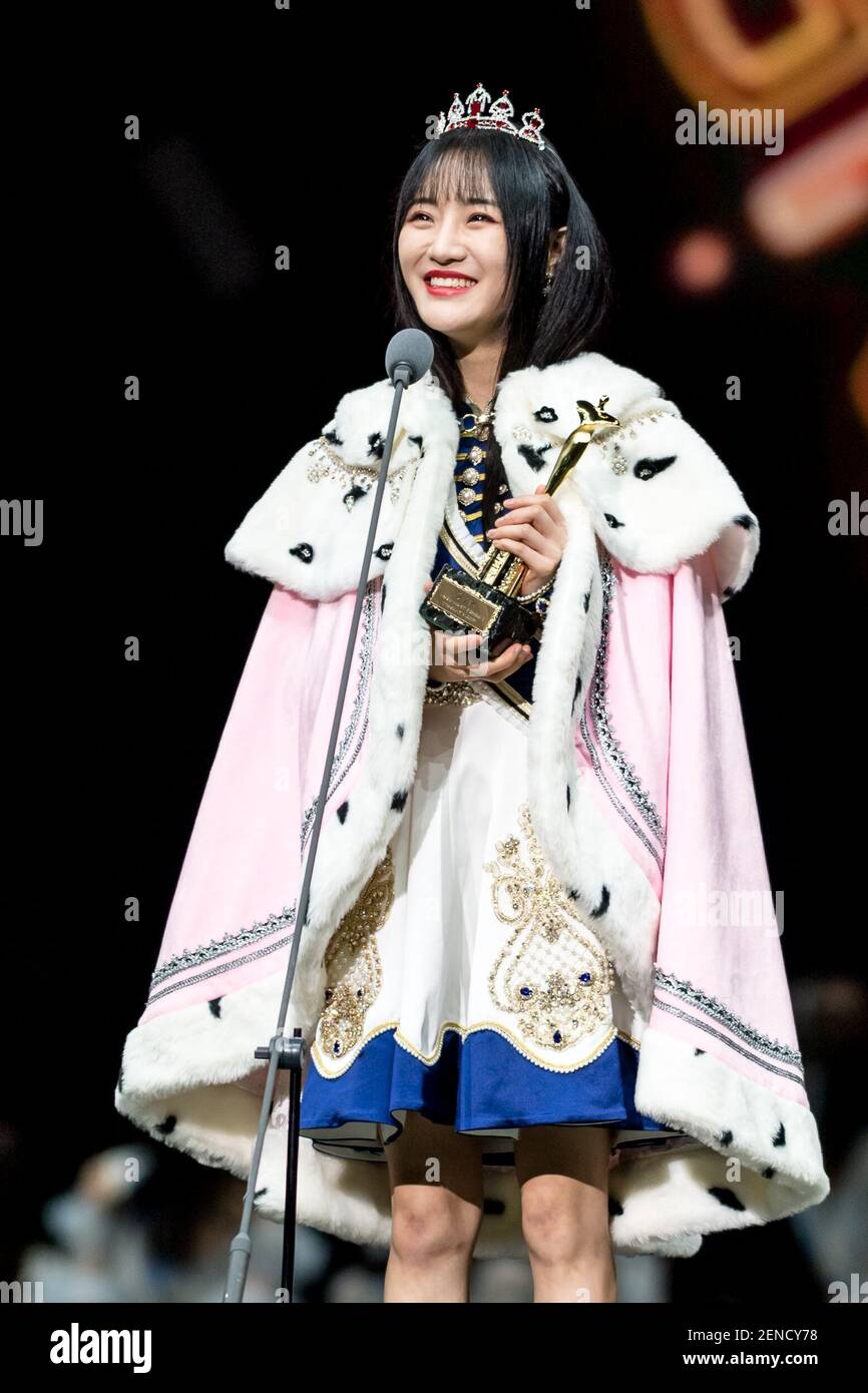 First runner-up Mo Han of Chinese girl group SNH48 poses with her ...