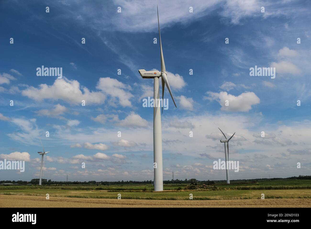 Esbjerg, Denmark on 27th, July 2019 Vattenfall wind turbines on the ...