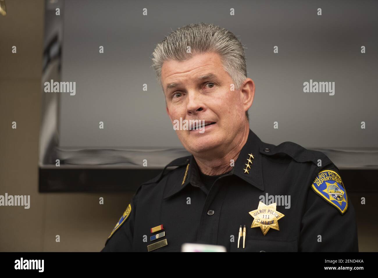Gilroy Police Chief Scot Smithee is speaking during a press conference ...
