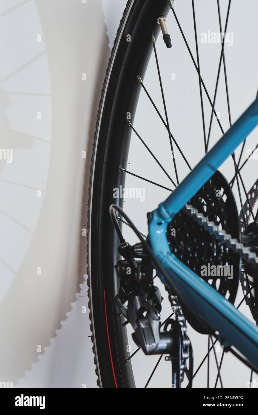 Close up of rear sport bicycle wheel with break and shift system Stock ...