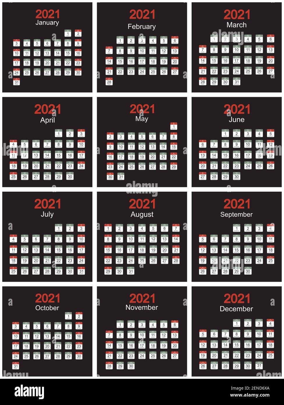 Monthly calendar template for 2021 with daily date. Week starts on ...