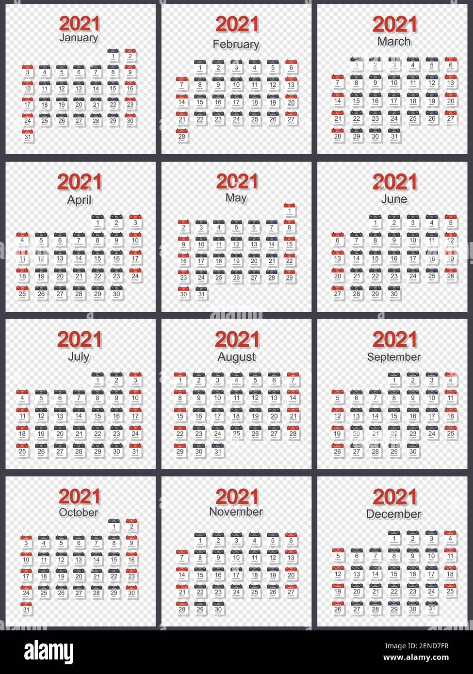 Monthly calendar for 2021 with daily date. On transparent background ...
