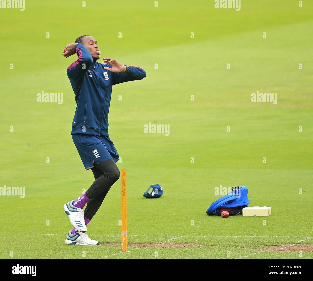 BIRMINGHAM, ENGLAND. 31 JULY 2019: Jofra Archer during bowling practice ...
