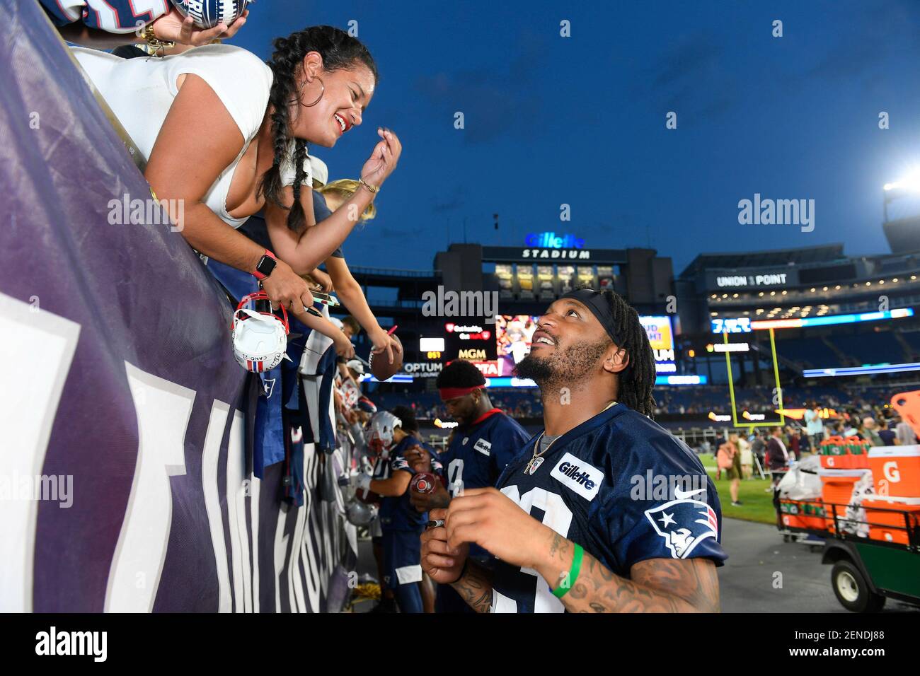 July 29, 2019: New England Patriots safety Patrick Chung (23) signs an ...