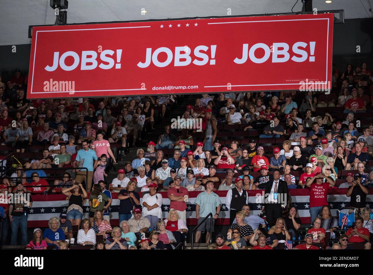 A banner saying, JOBS!, during the rally. President Trump and Vice ...