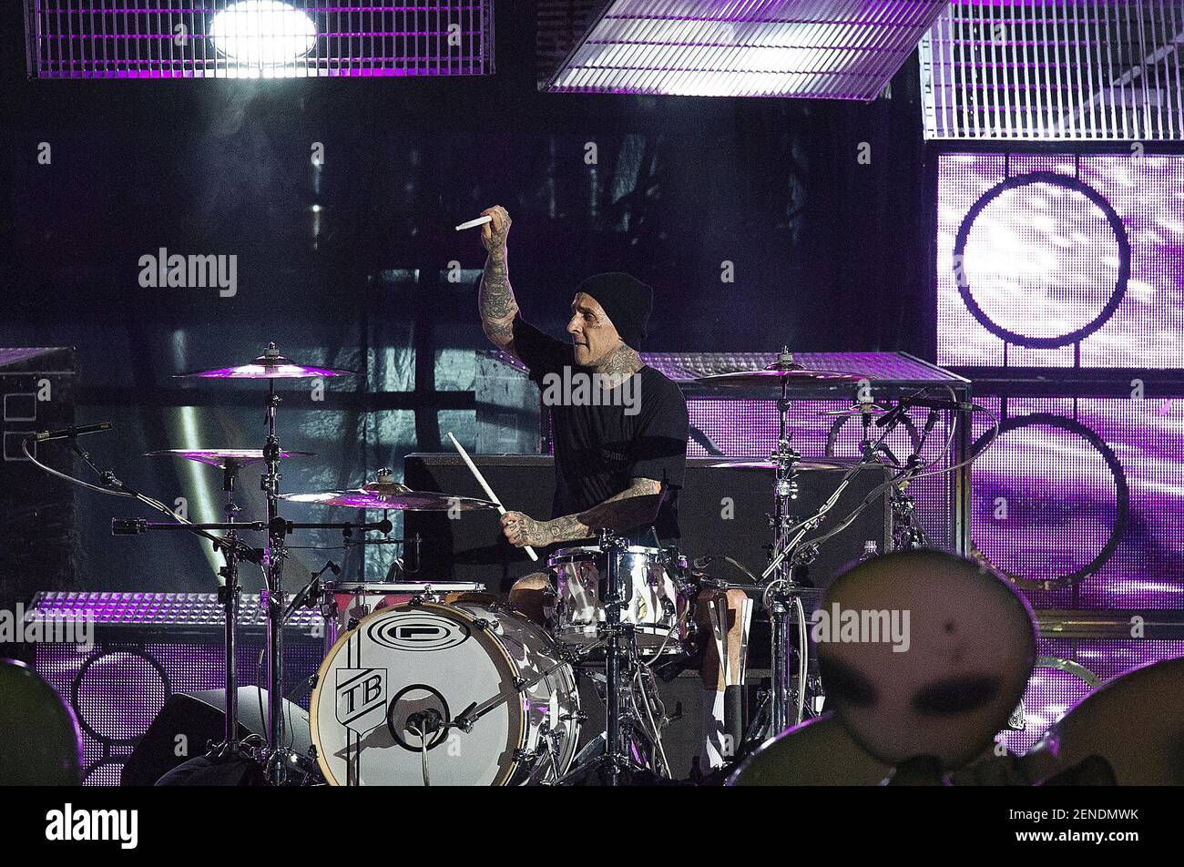 August 01, 2019: Travis Barker drummer with Blink-182 performs at ...
